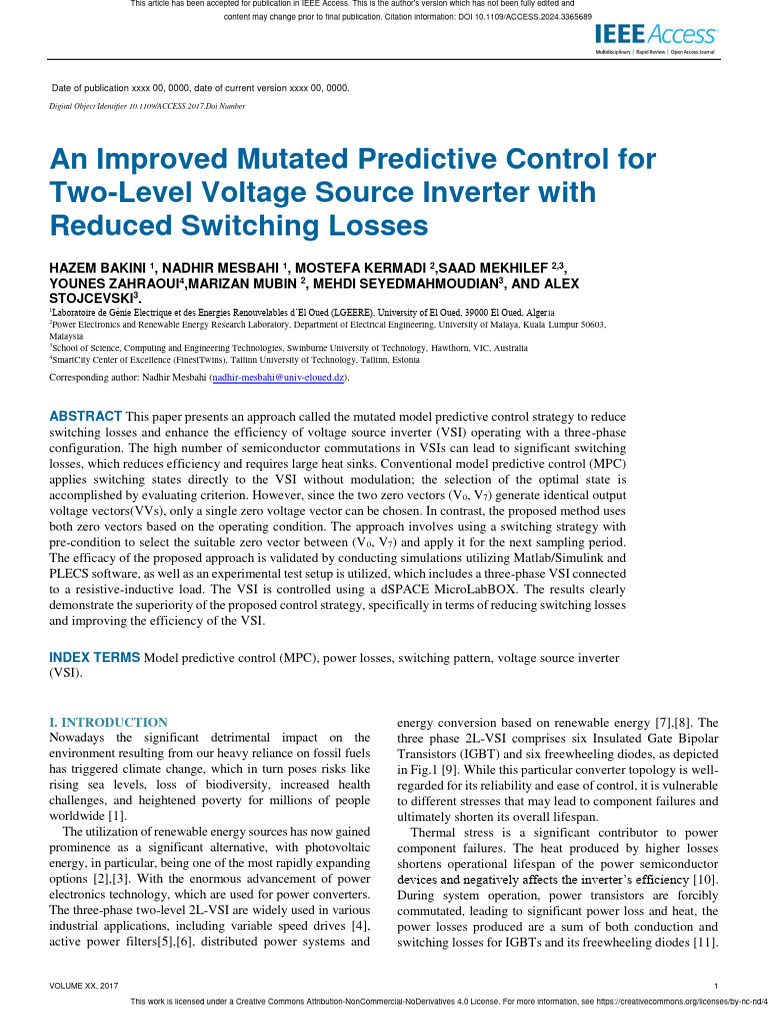 An Improved Mutated Predictive Control For Two-Level Voltage Source Inverter With Reduced ...