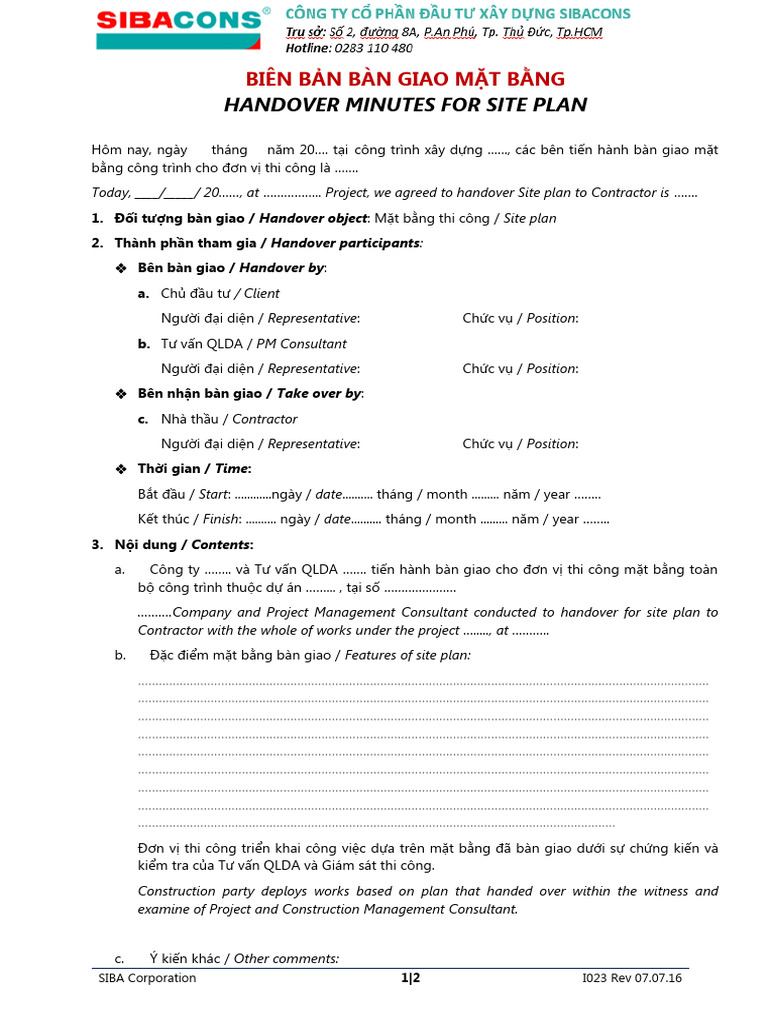I023 - BB Ban Giao Mat Bang - Handover For Site Plan | PDF