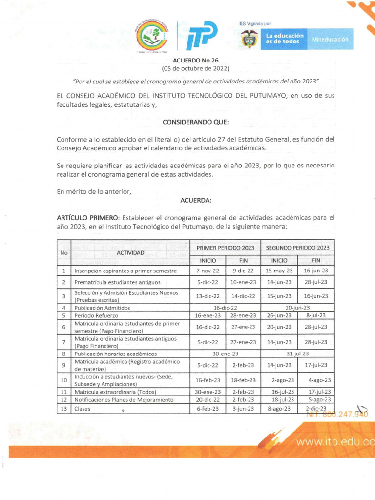 Acuerdo Nro. 026 Por Medio Del Cual Se Establece El Cronograma Academico para 2023 | PDF