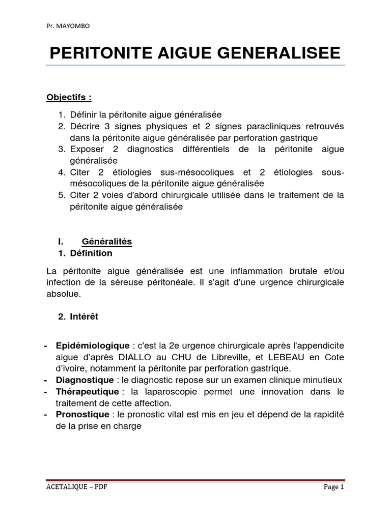 Péritonite Aiguë Généralisée : Diagnostic et Traitement | PDF ...