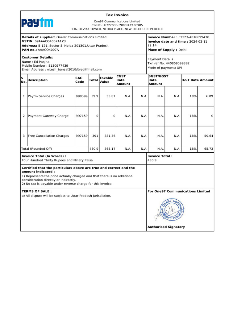 Tax Invoice for Paytm Services | PDF | Invoice | Taxes