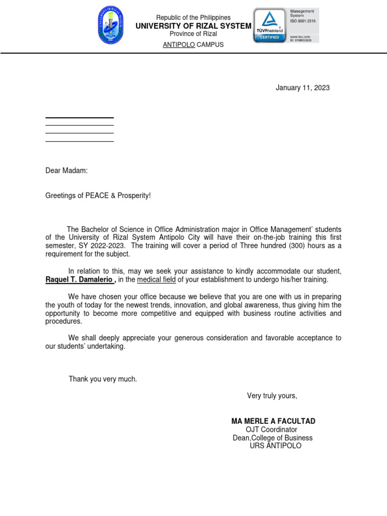 Ojt Letter of Recommendation Bsoa | PDF