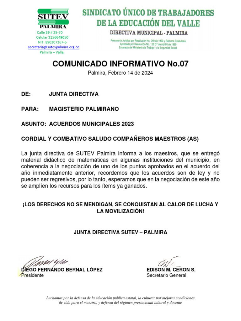 COMUNICADO No.07 2024 - ACUERDOS MUNICIPALES 2023 | PDF
