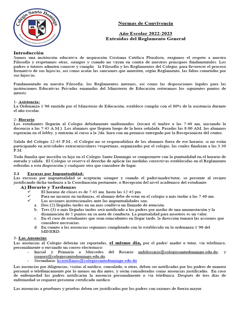 Normas de Convivencia CSD | PDF