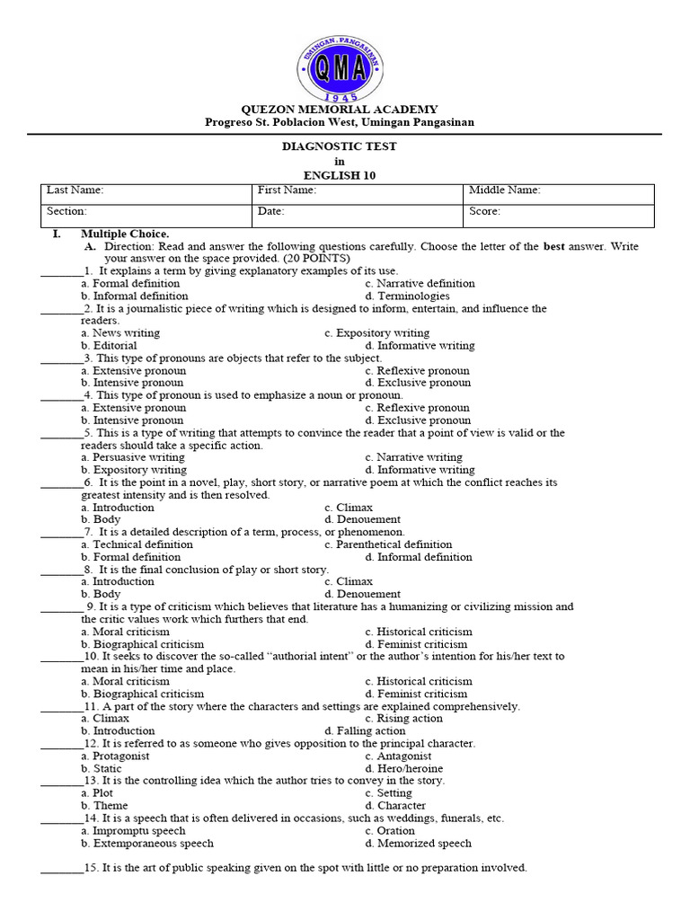 English 10 Diagnostic Test | PDF | Pronoun | Narration