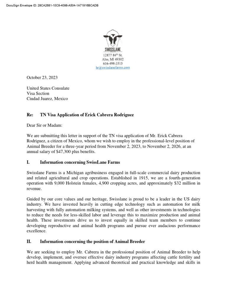 TN Visa Support for Animal Breeder | PDF | Dairy | Cattle
