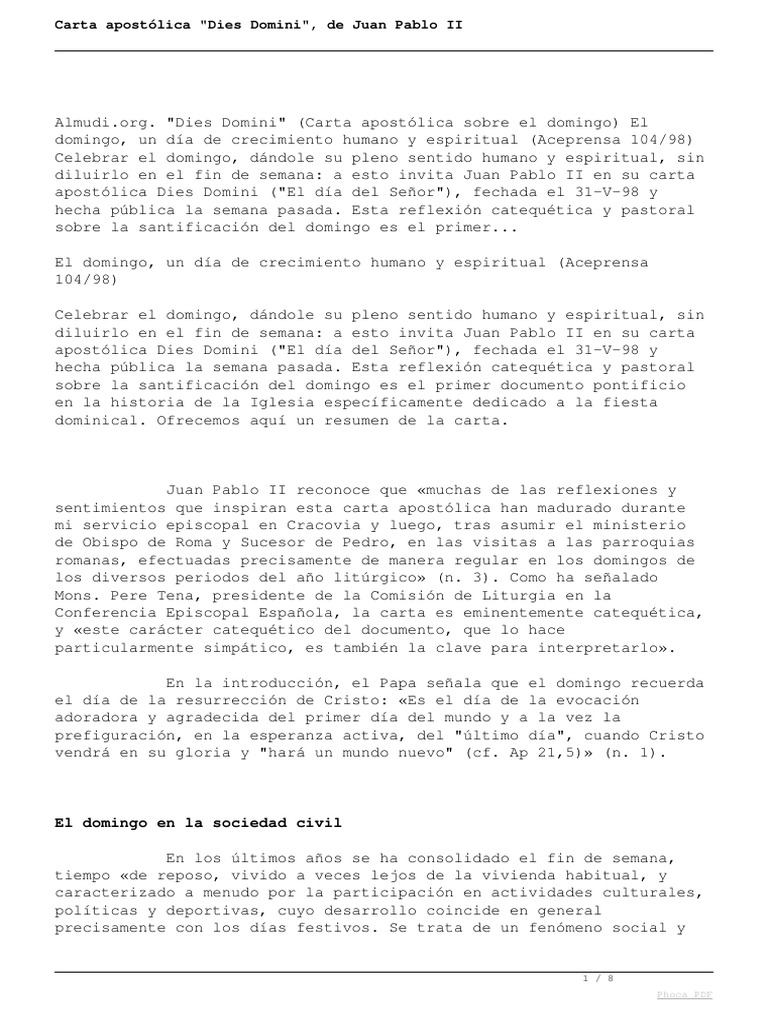 Carta Apostólica - Dies Domini - , de Juan Pablo II | PDF | eucaristía ...