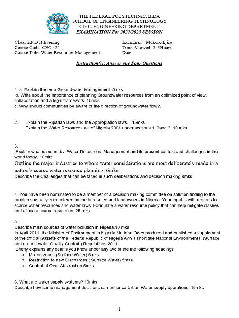 Water Resources Management Exam 2022/2023 | PDF | Groundwater | Water