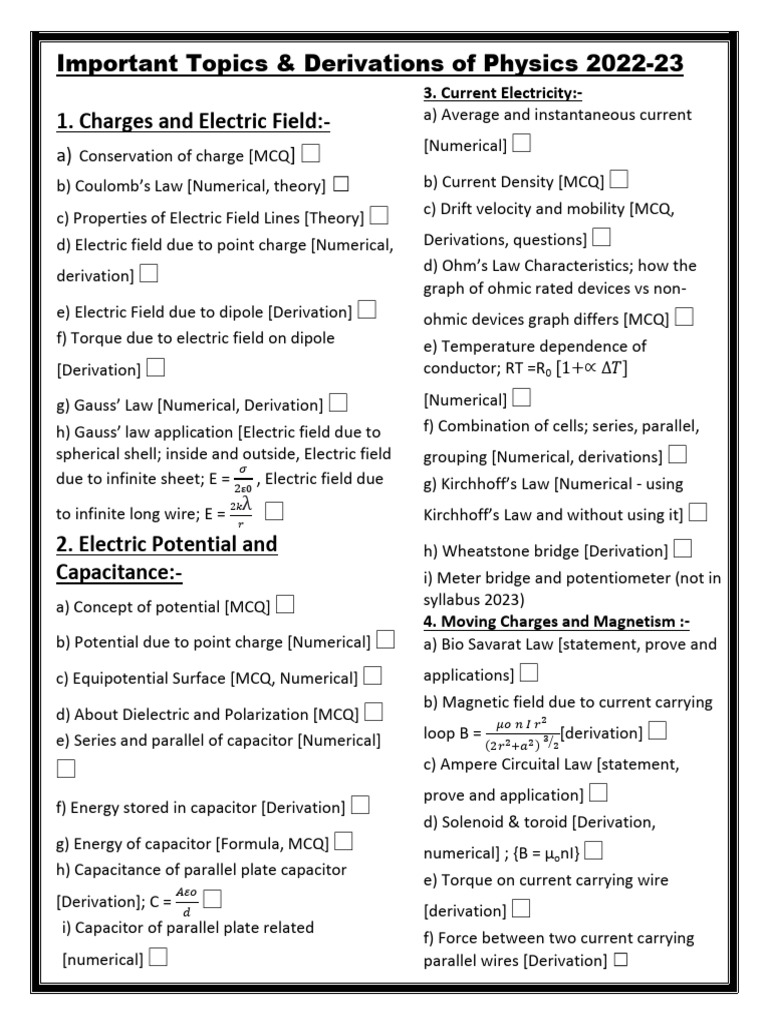 Important topic and derivations 2023 board exams | PDF | Electric Field | Magnetic Field