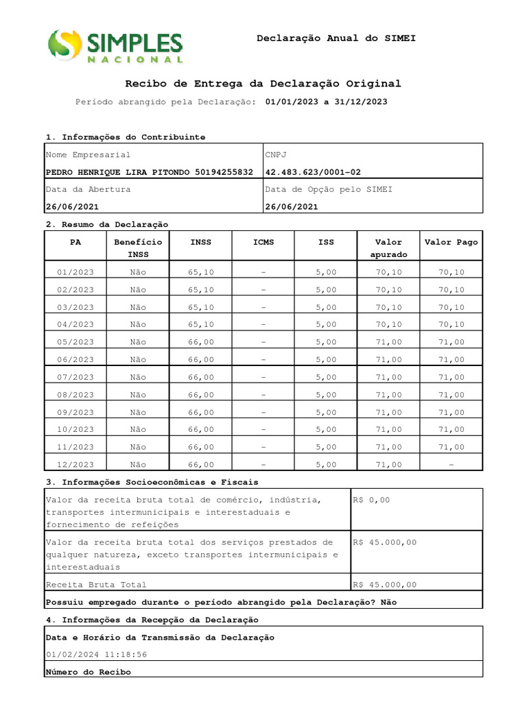 DASNSIMEI Recibo 424836232023001 | PDF | Finanças e Administração de ...