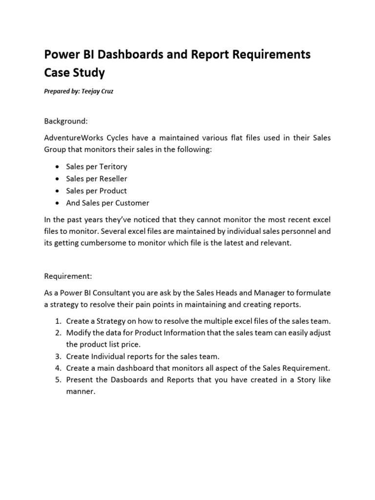 Power BI Dashboards and Report Requirements - Case Study | PDF