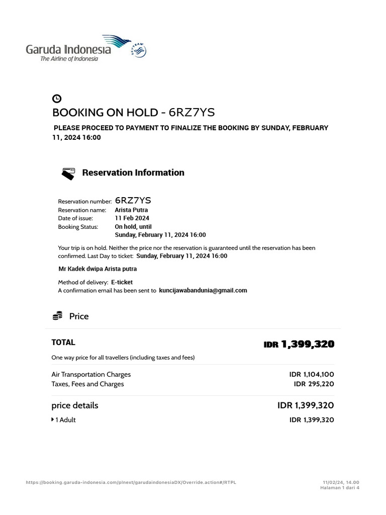 Garuda Indonesia Booking Confirmation | PDF | Transport | Aviation