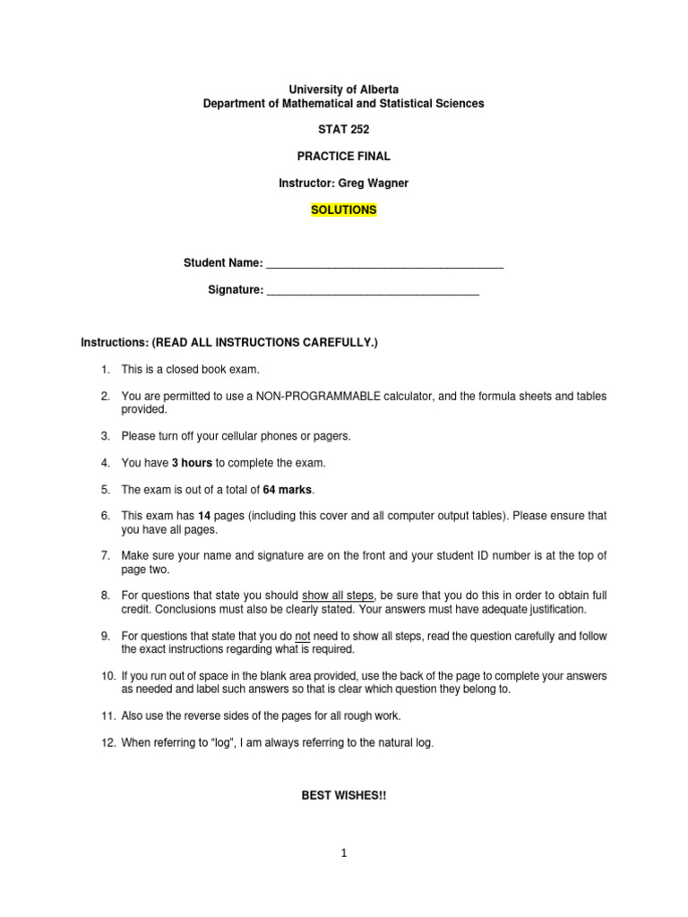 Stat 252-Practice Final-Greg-Solutions | PDF | Errors And Residuals | Analysis Of Variance