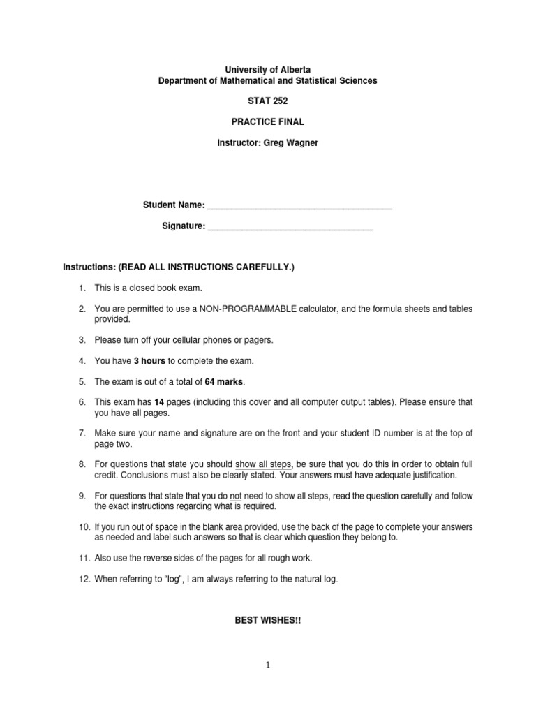 Stat 252 Practice Final Greg Questions Only Pdf Errors And