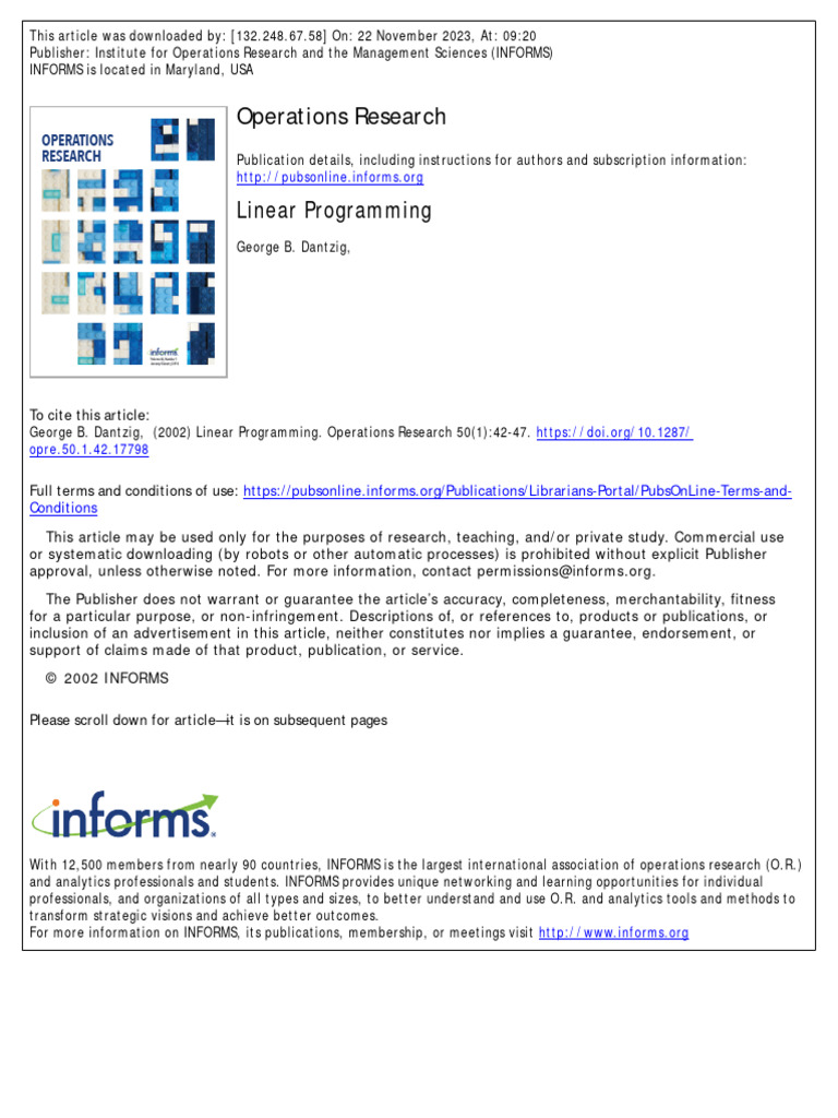 Dantzig, G. 2002, Linear Programming | PDF | Linear Programming | Mathematical Optimization