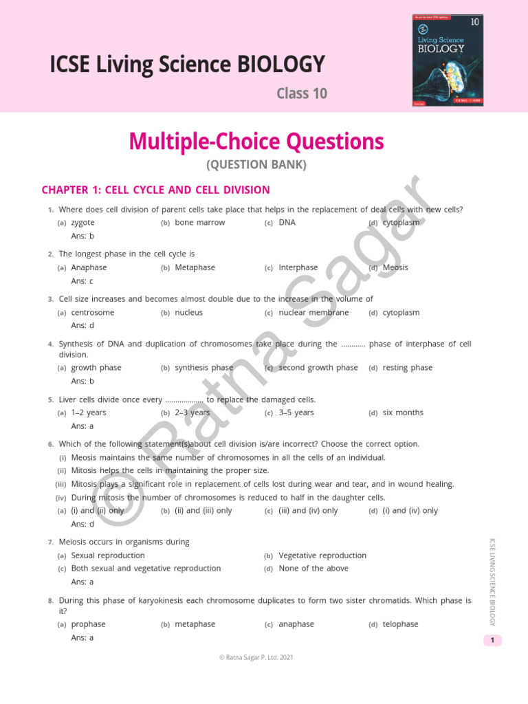 ICSE Class 10 Biology: Cell Division MCQs | PDF | Mitosis | Meiosis