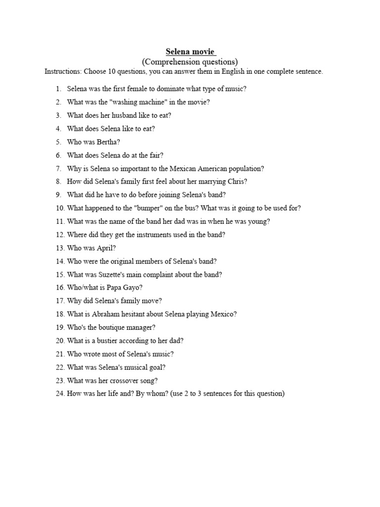 Selena Movie Quiz for Fans | PDF