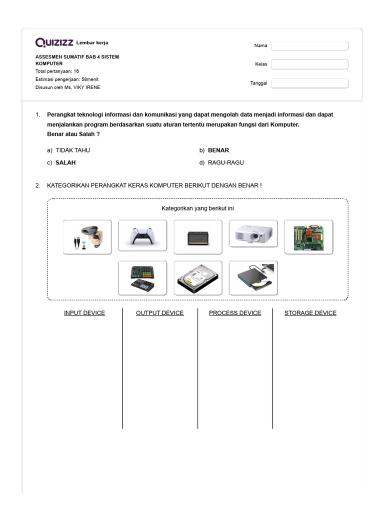 ASSESMEN SUMATIF BAB 4 SISTEM KOMPUTER - Quizizz | PDF