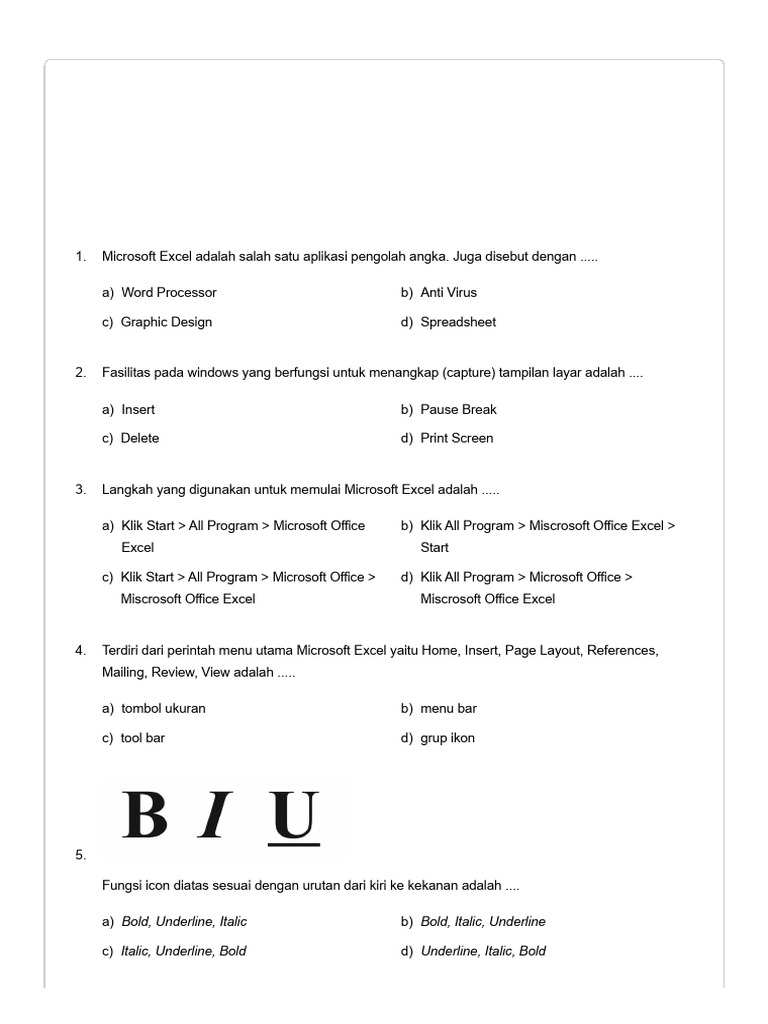 Latihan Soal TIK Kelas 8 (Microsoft Excel) - Quizizz | PDF
