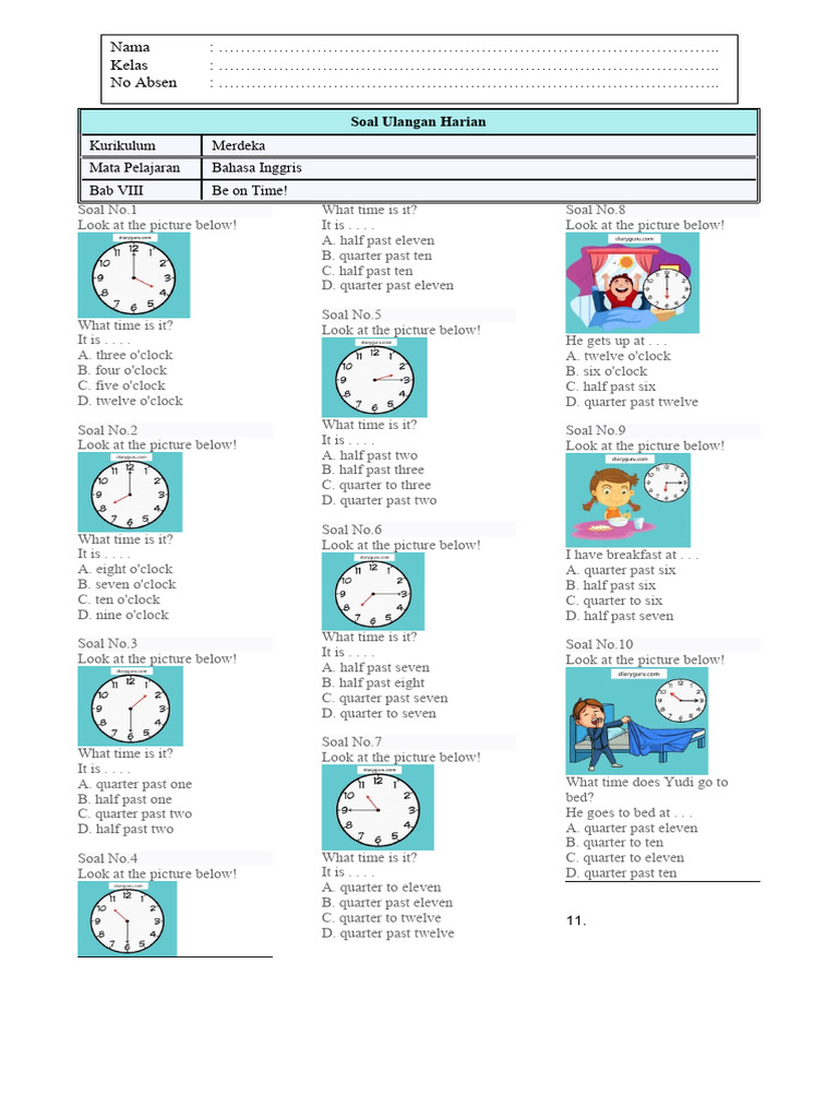 Soal Telling Time Bahasa Inggris Kelas 4 | PDF