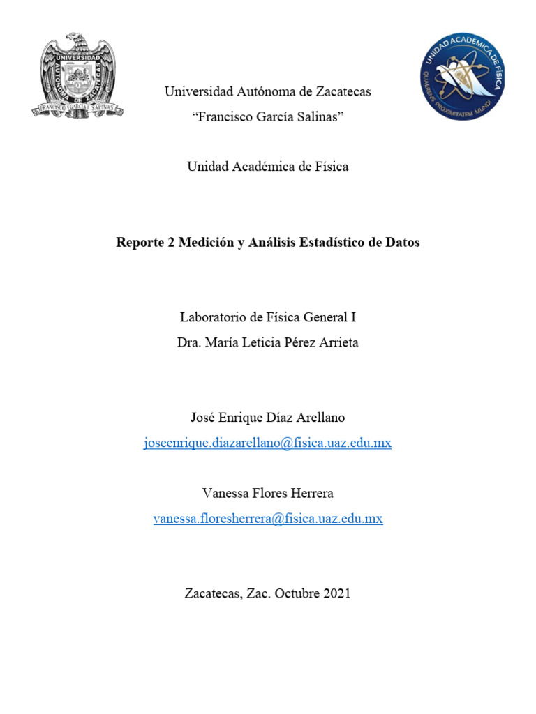 REPORTE 2 MEDICIONES Y ANÁLISIS ESTADÍSTICOS DE DATOS | PDF | Medición ...