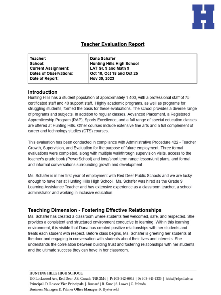 Dana Schafer - Teacher Evaluation Report 1 - 2023-24 | PDF | Teachers | Learning