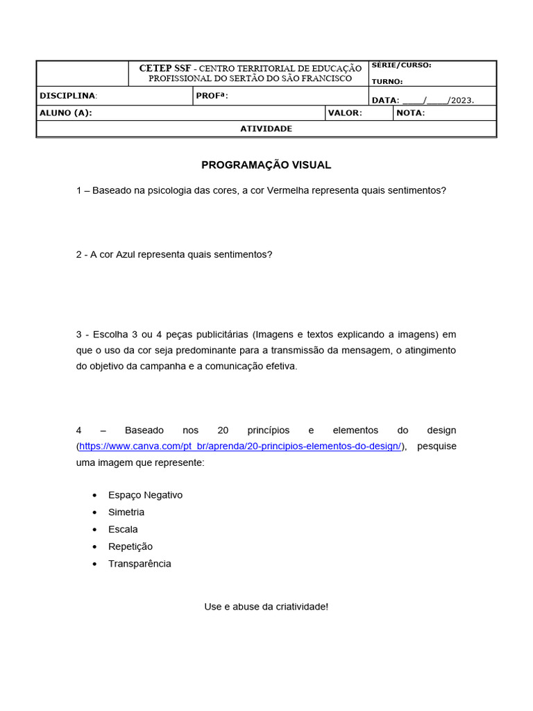 ATIVIDADE Programação VIsual 02 - 2023 | PDF ATIVIDADE Programação VIsual 02 - 2023 | PDF