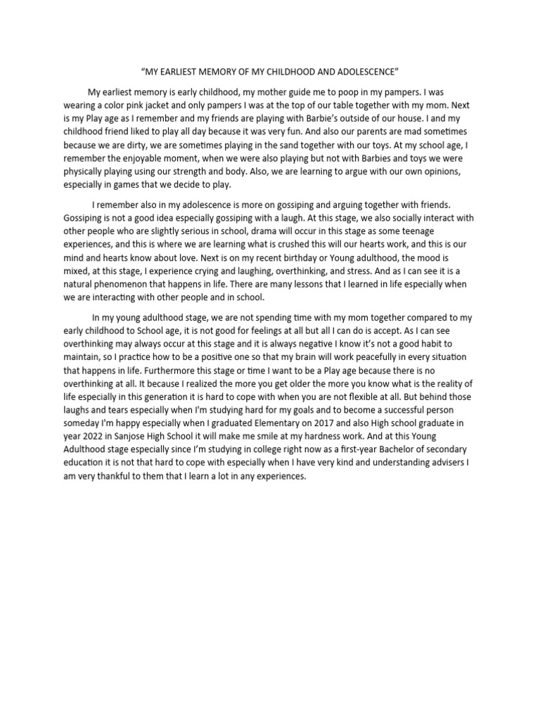 My Earliest Memory of My Childhood and Adolescence | PDF | Adolescence ...