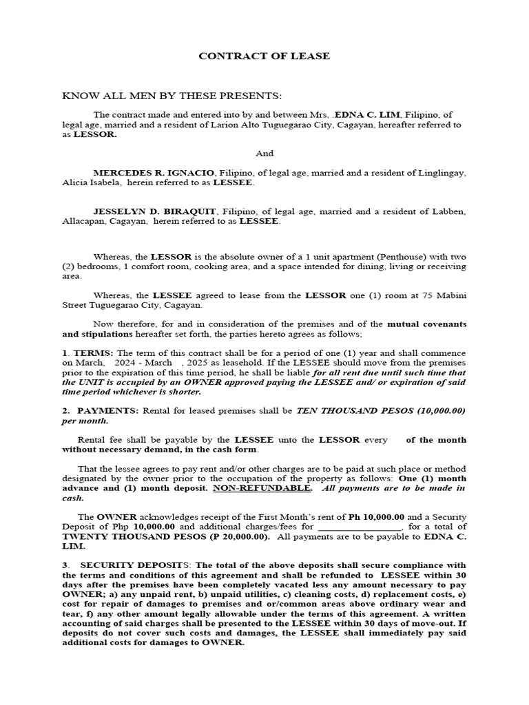 Contract of Lease D1 | PDF | Finance & Money Management | Law
