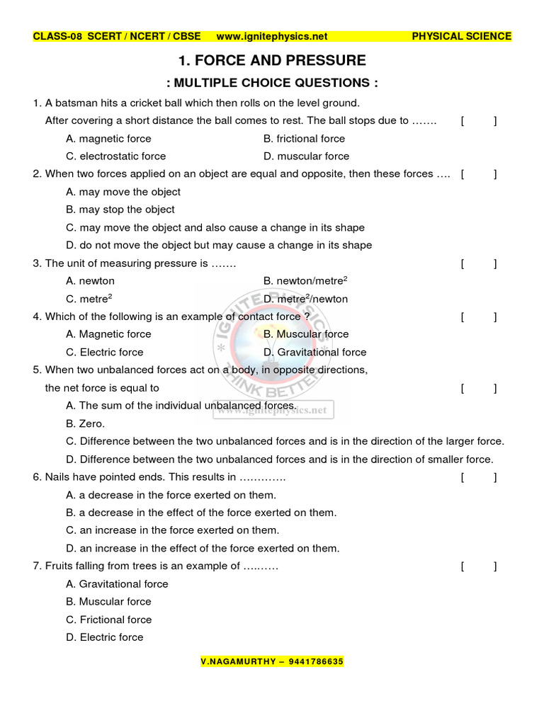 08th PS EM 01 MCQ NCERT | PDF | Force | Friction