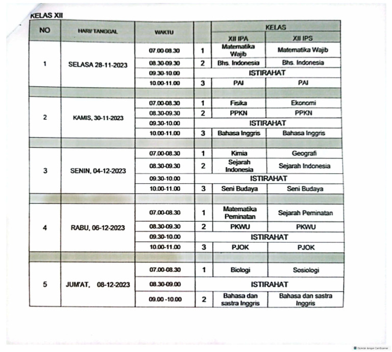 Jadwal PAS Kelas XII | PDF