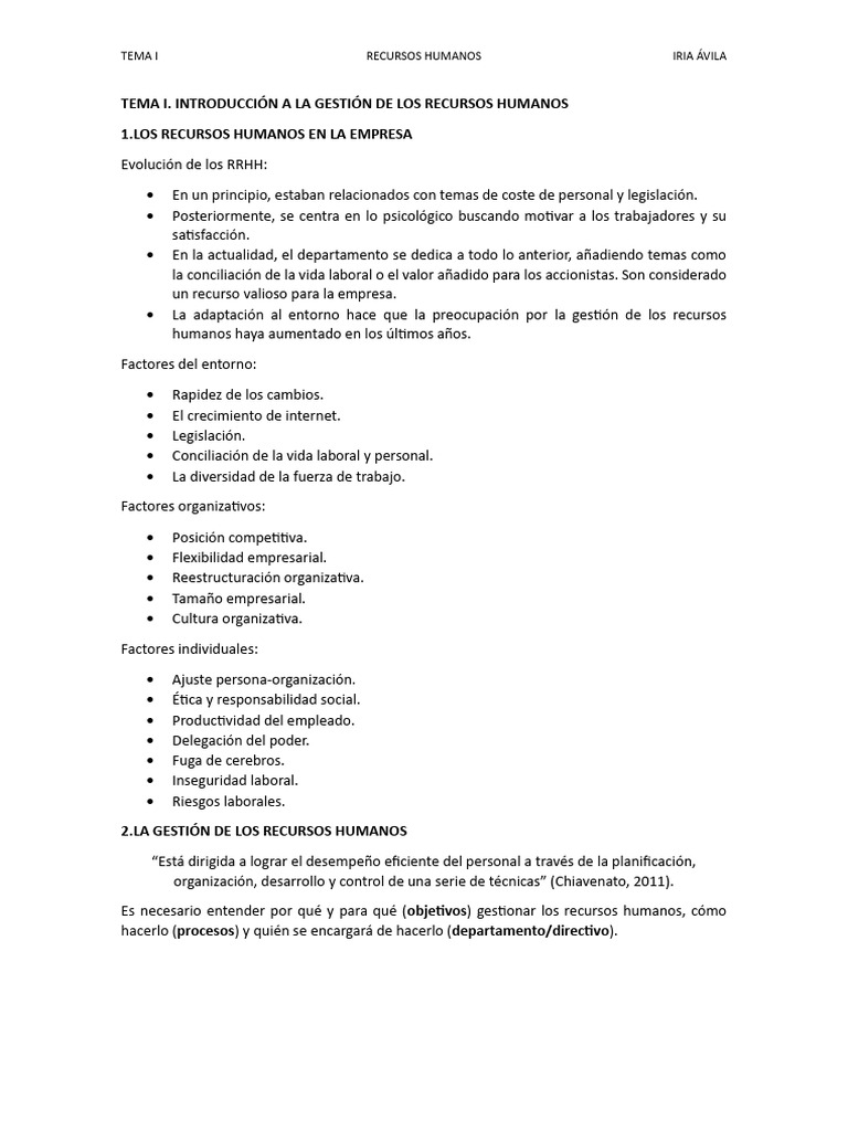 Tema I. Introducción A La Gestión de Los Recursos Humanos | PDF | Gestión de recursos humanos ...