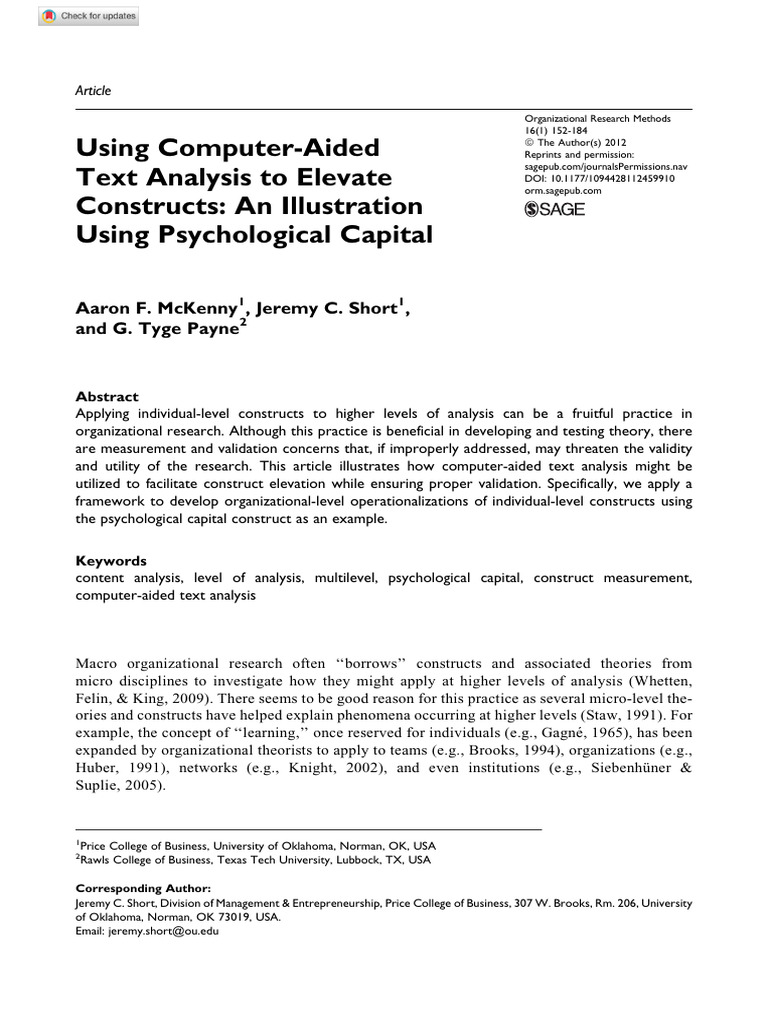 ING Using Computer-Aided Text Analysis To Elevate Constructs - McKenny (2012) | PDF | Validity ...