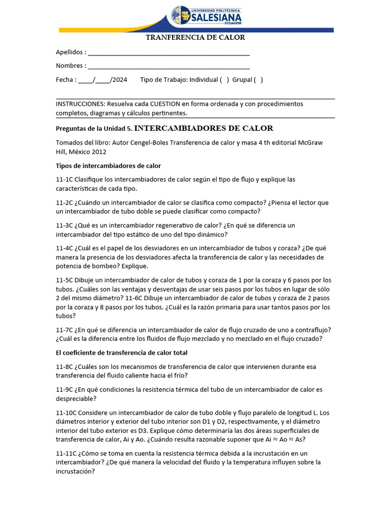 Preguntas de Intercambiadores de Calor | PDF | Intercambiador de calor | Calor