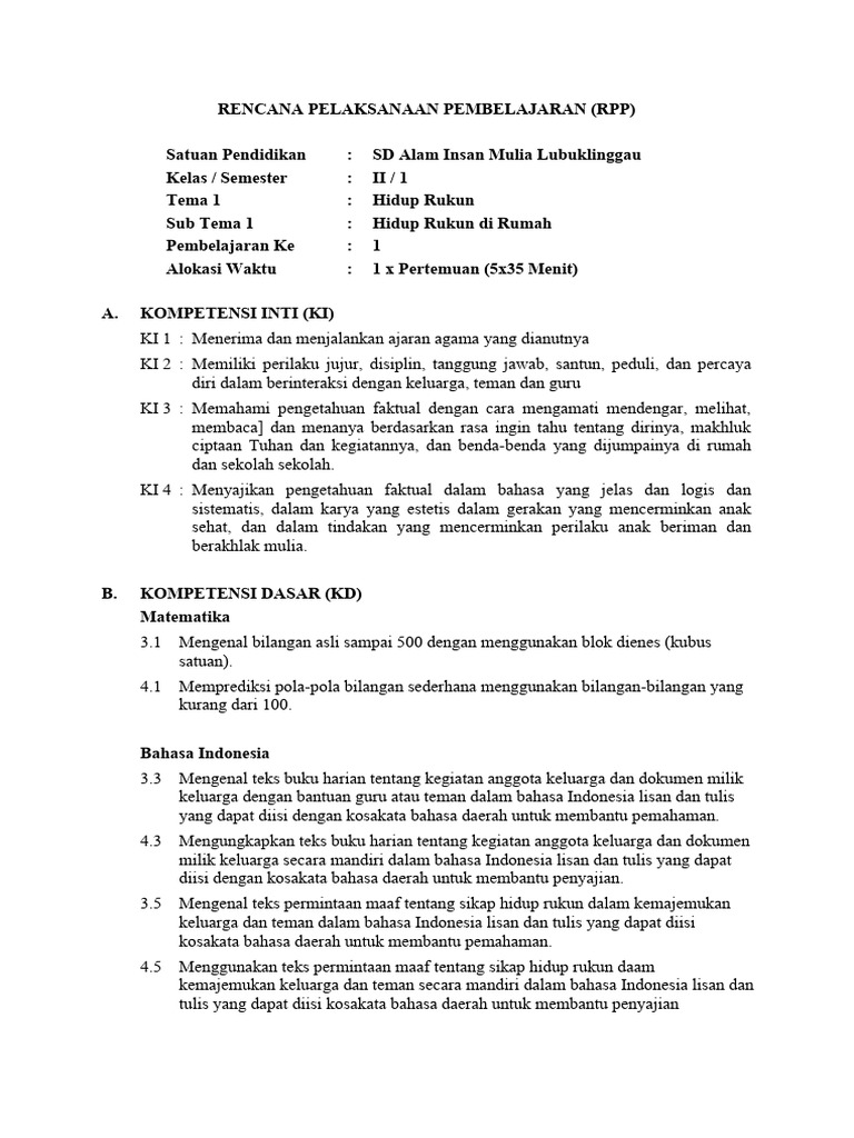 RPP SD Kelas 2 Semester 1 - Hidup Rukun | PDF | Seni & Disiplin Bahasa