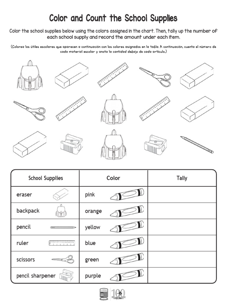 Color and Count The School Supplies | PDF