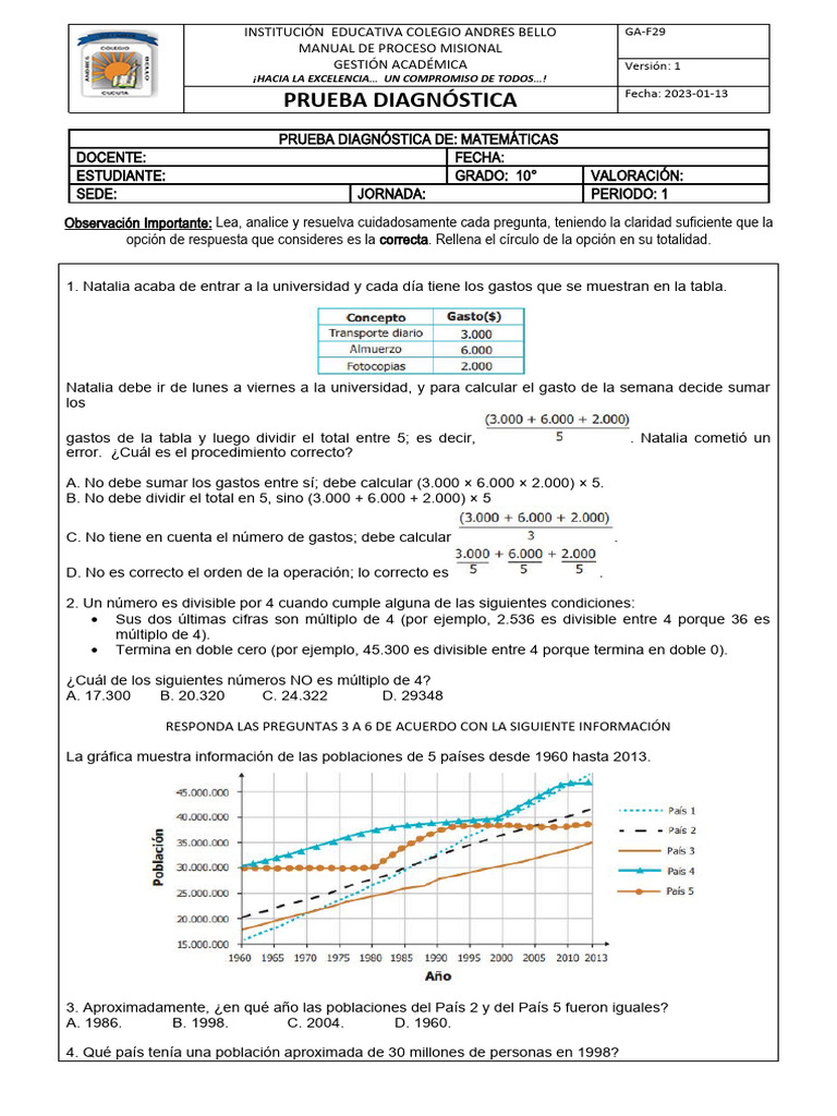 Prueba Diagnostica de Matematicas Grado Decimo 2024 | PDF | Aluminio | Triángulo