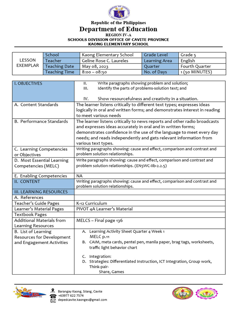 Grade 5 English Lesson Plan | PDF | Learning | Cognition