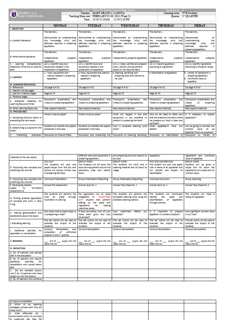 DLL Cookery 8 3rd Quarter | PDF | Learning | Recipe