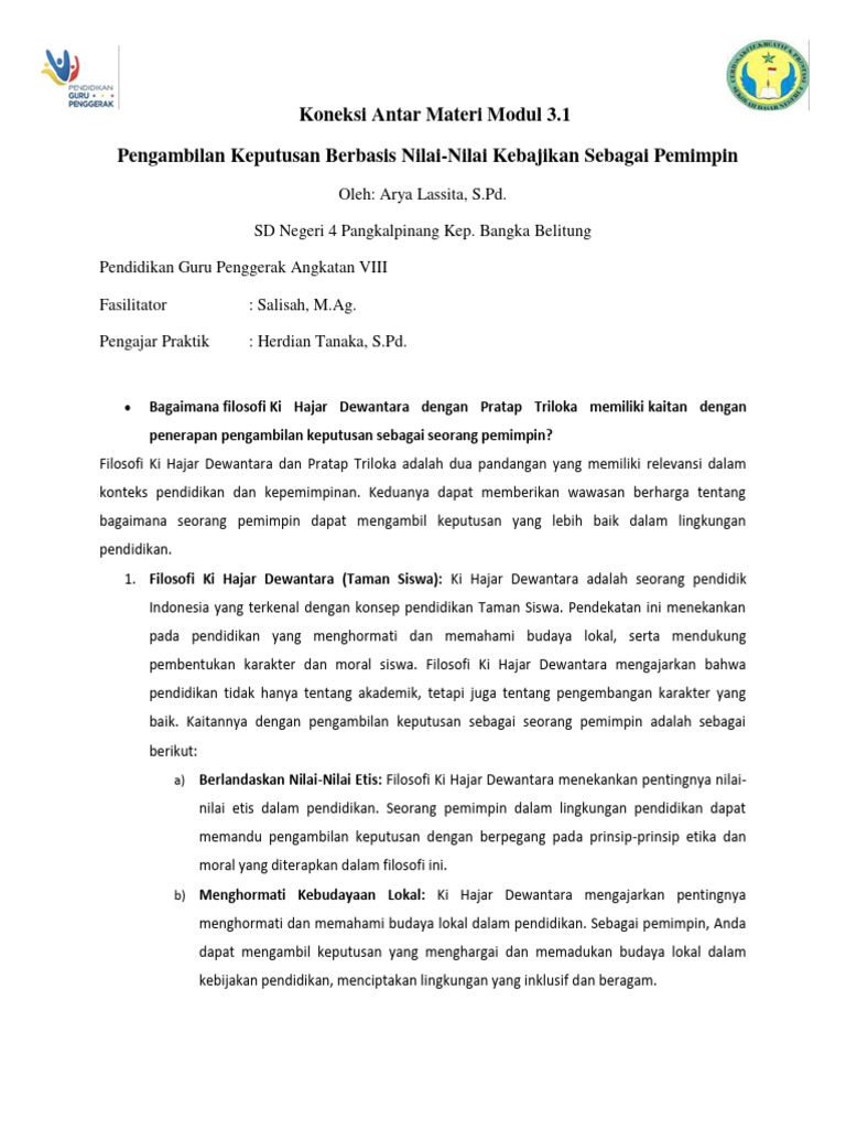 Koneksi Antar Materi Modul 3.1 Pengambilan Keputusan - Arya Lassita | PDF | Karier & Perkembangan