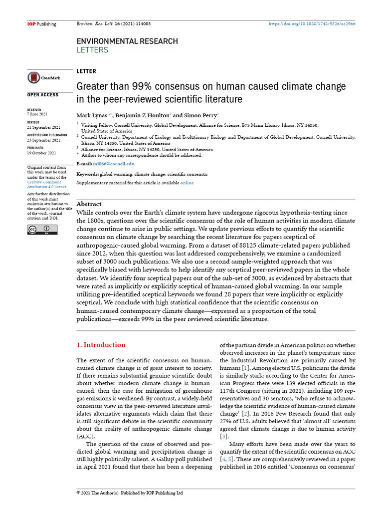 Lynas, Et Al. - Greater Than 99% Consensus On Human Caused Climate Change in The Peer-Reviewed ...