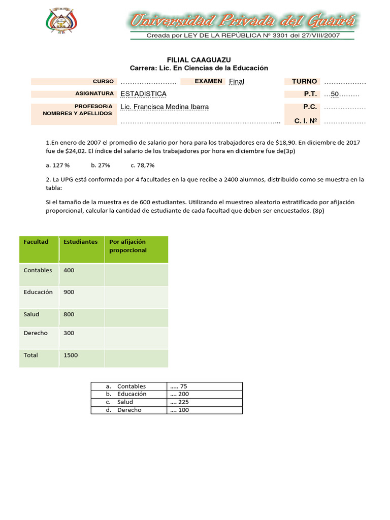 Examen Final1°ESPECIALIZACIÓN ESTADISTICA | PDF | Mediana | Muestreo (Estadísticas)