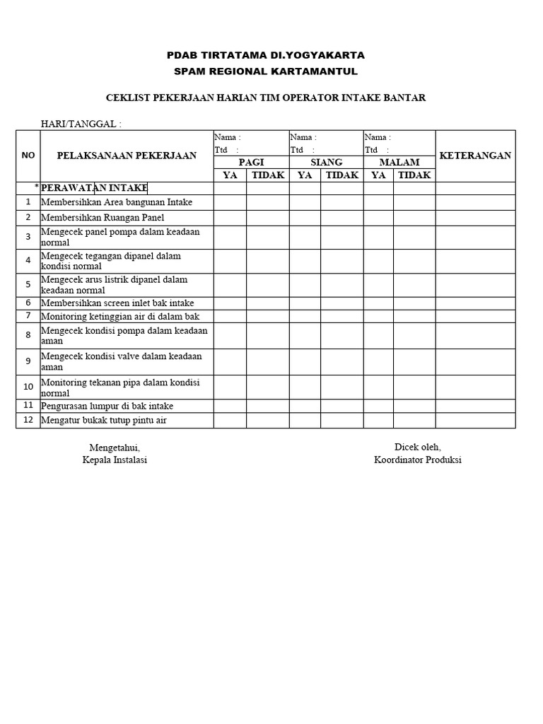 Ceklist Pekerjaan Harian Operator Intake | PDF