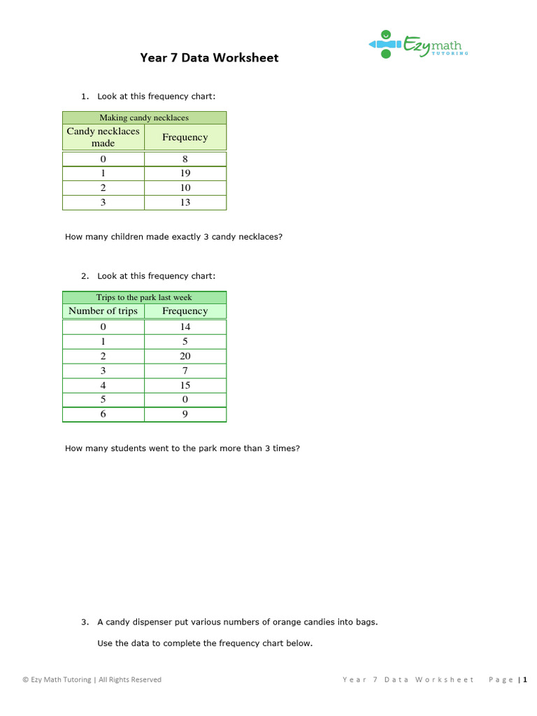 Year 7 Data Worksheet | PDF