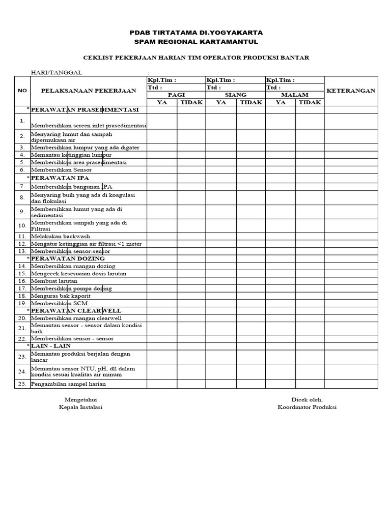 Checklist Harian Tim Operator PDAB | PDF | Teknologi & Rekayasa