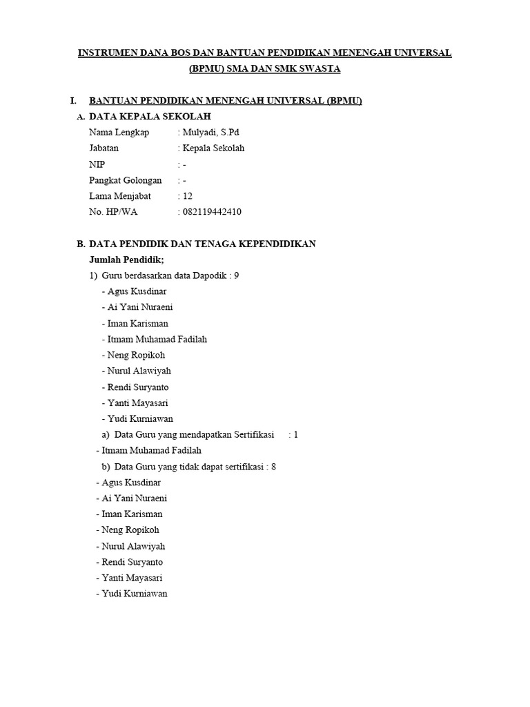 Instrumen Monev BOS Dan BPMU SMA, SMK Swasta TA. 2022 | PDF