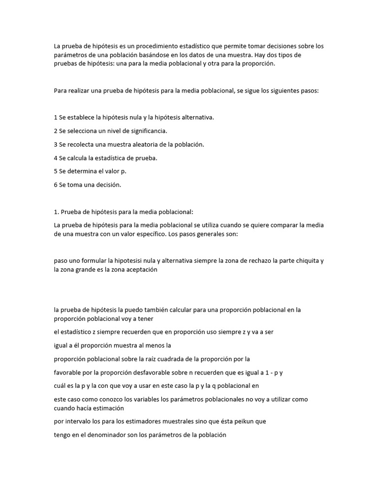 La Prueba de Hipótesis Es Un Procedimiento Estadístico Que Permite ...