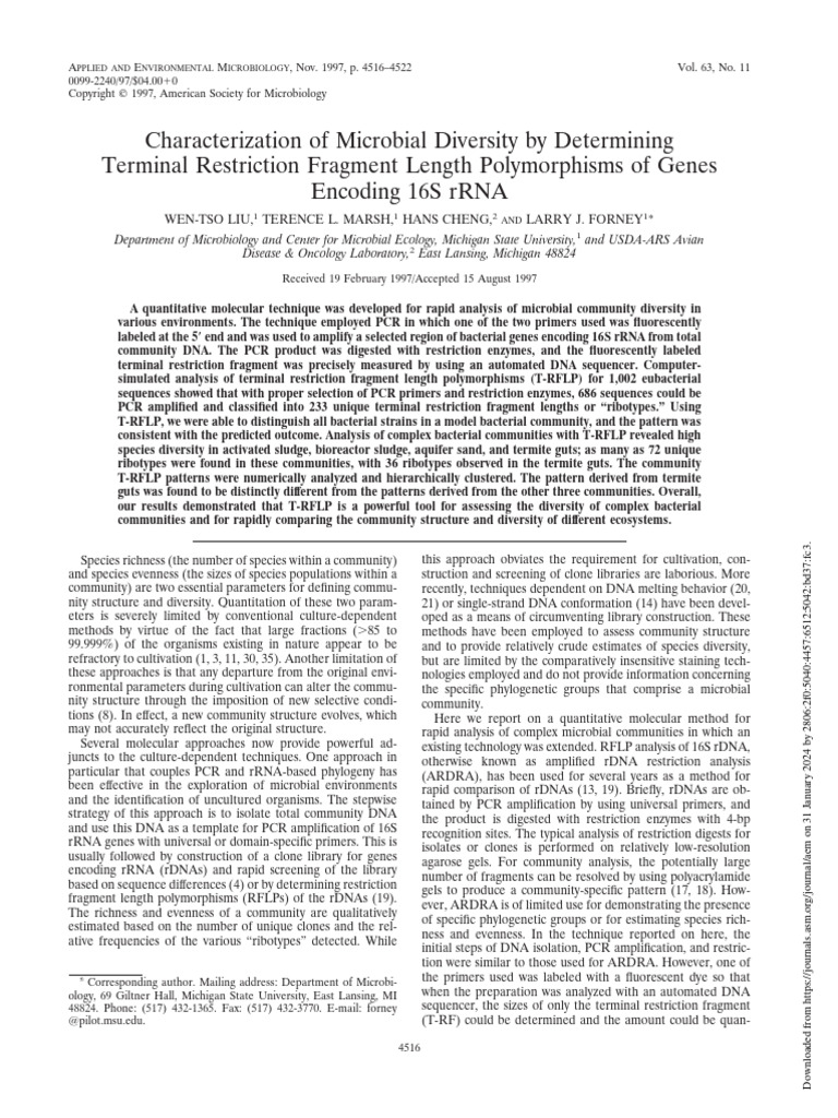 Liu Et Al 1997 Characterization of Microbial Diversity by Determining Terminal Restriction ...