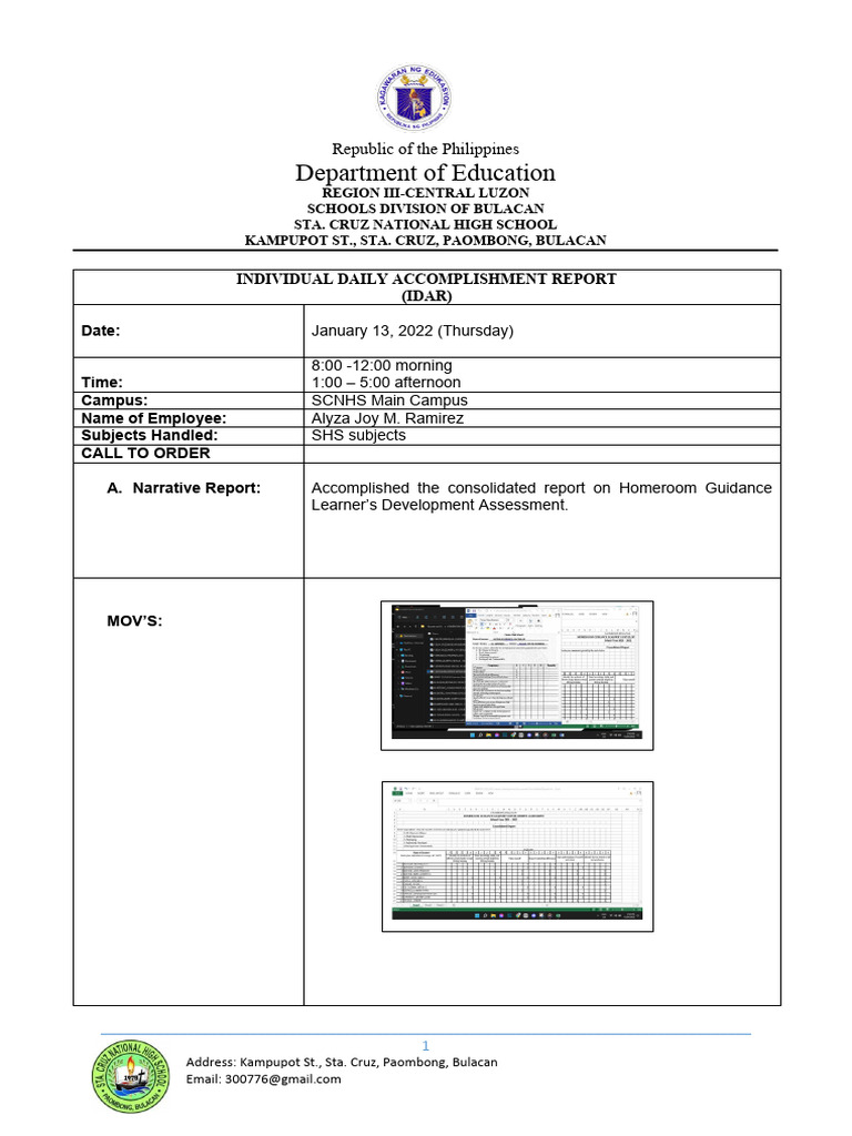 DAILY ACCOMPLISHMENT REPORT (01-13-2022) - Alyza Joy M. Ramirez | PDF | Wellness