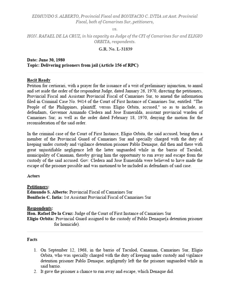 G.R. No. L-31839 - Alberto Vs Hon. de La Cruz | PDF | Prosecutor | Prison